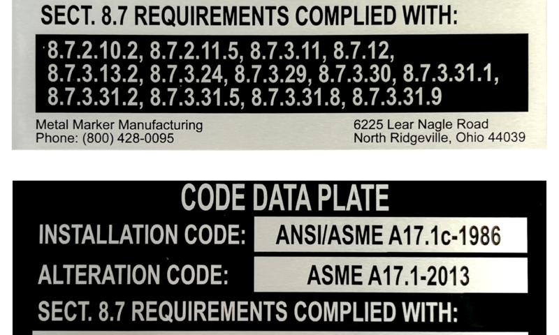 Elevator Data Tags for Safety & Compliance | Metal Marker Mfg